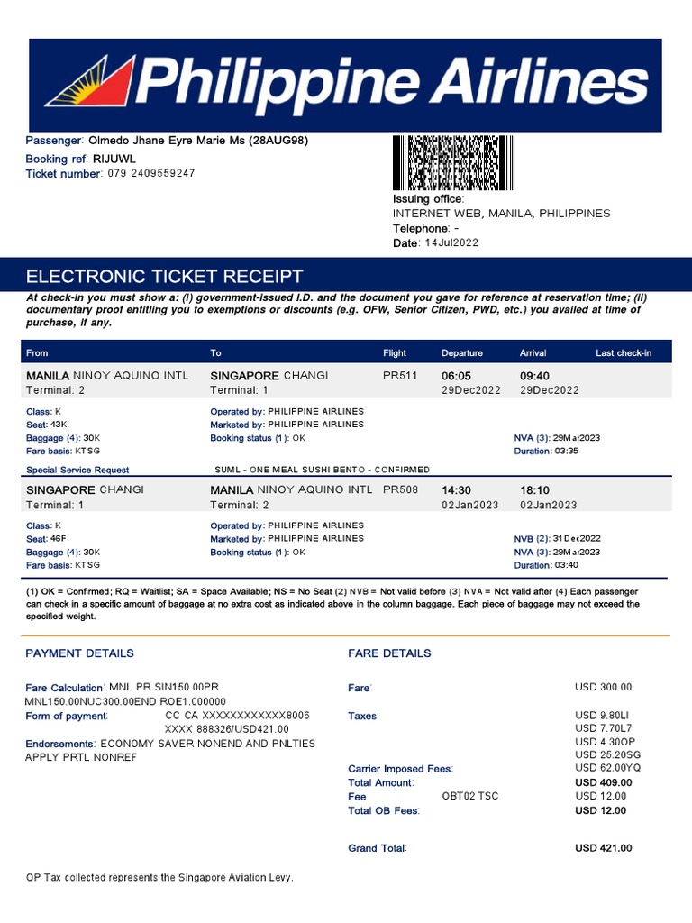 Electronic Ticket Receipt 29DEC For JHANE EYRE MARIE OLMEDO | PDF | Airlines