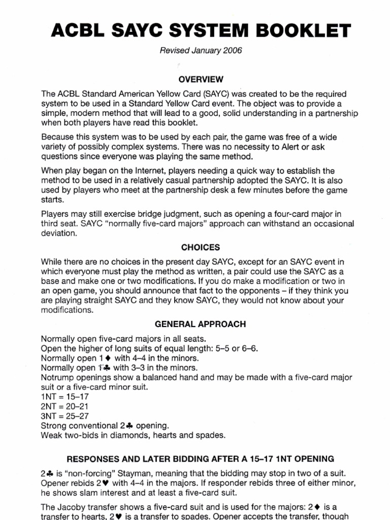 Acbl Sayc System Booklet | PDF | French Deck Card Games | Plain Trick Games