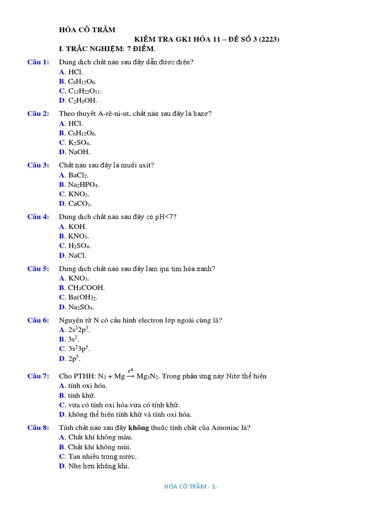 ĐỀ 3 GK1 HÓA 11 2223 | PDF