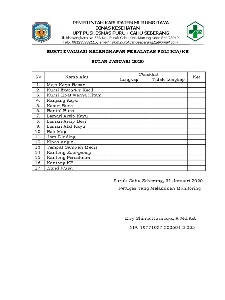 Bukti Evaluasi Kelengkapan Peralatan Kia KB | PDF