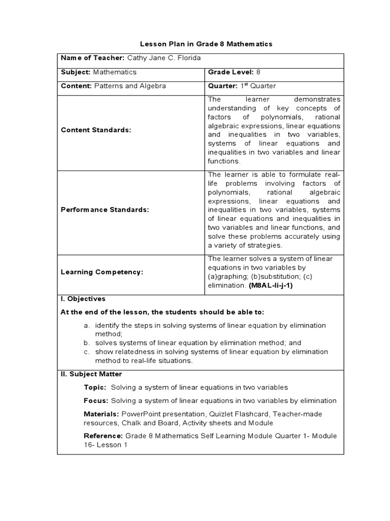 Lesson Plan in Elimination | PDF | Equations | System Of Linear Equations