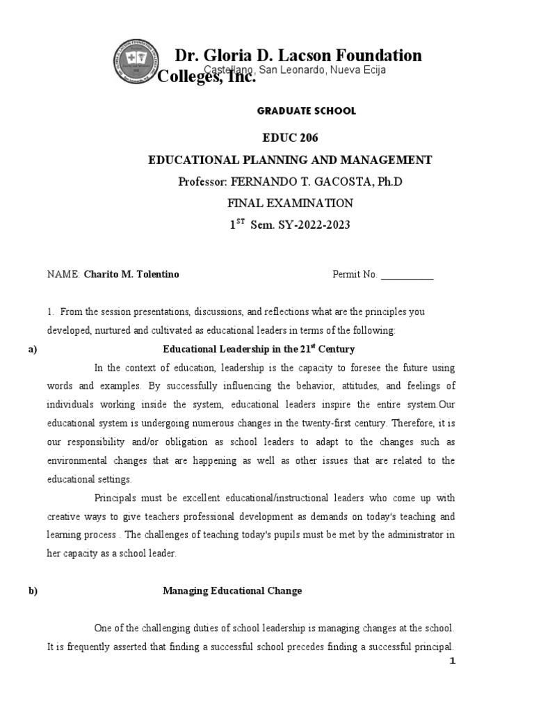 Educ 206 Charito Tolentino Final Exam 1S 202220231 | PDF | Teachers | Teaching Method