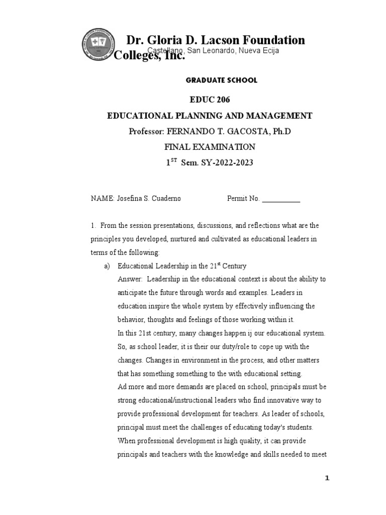 Educ 206 Josefina Cuaderno Final Exam 1S 202220231 | PDF