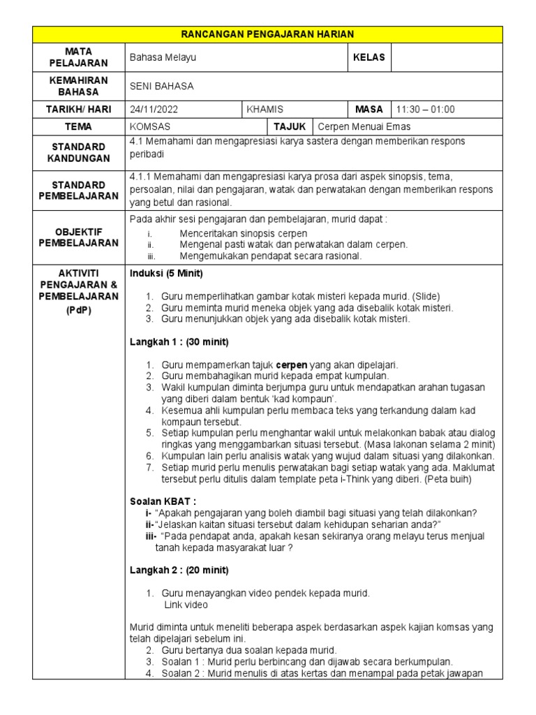 Rancangan Pengajaran Harian M34 | PDF