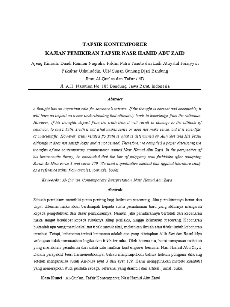 Tafsir Kontemporer Kajian Pemikiran Tafsir Nasr Hamid Abu Zaid | PDF