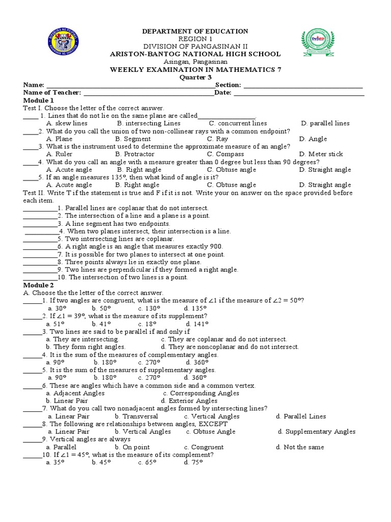 Weekly Quiz (Quarter 3) | PDF | Rectangle | Triangle