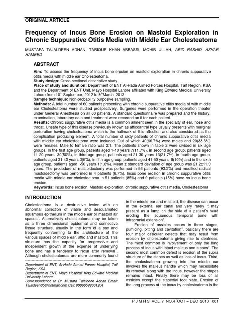 882 Frequency of Incus Bone Erosion On Mastoid Exploration in Chronic ...