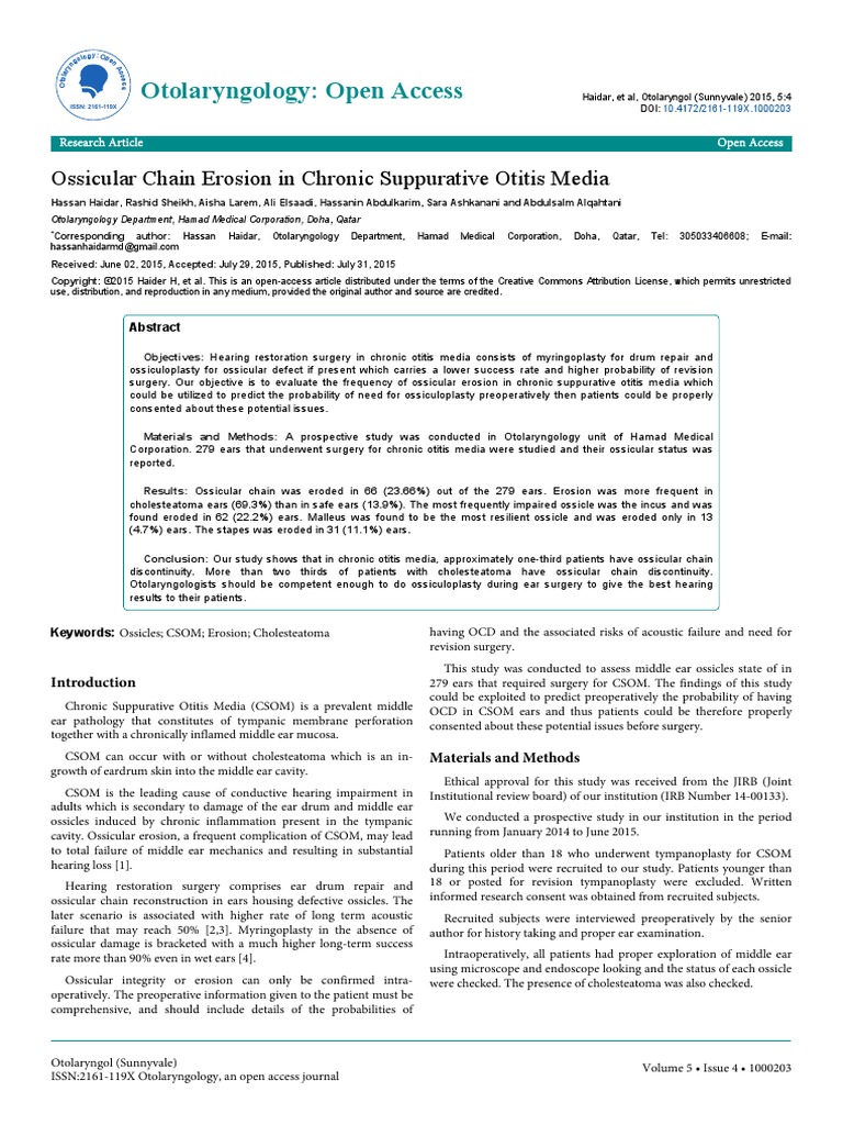 Ossicular Chain Erosion in Chronic Suppurative Otitis Media 2161 119X ...