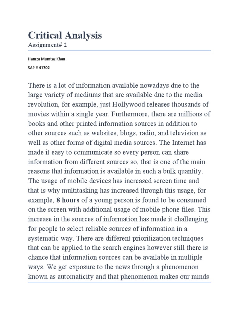 Critical Analysis Assignment# 2 | PDF
