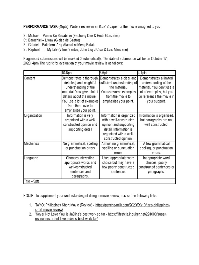 PTASK Movie Review Rubrics | PDF | Linguistics | Cognition