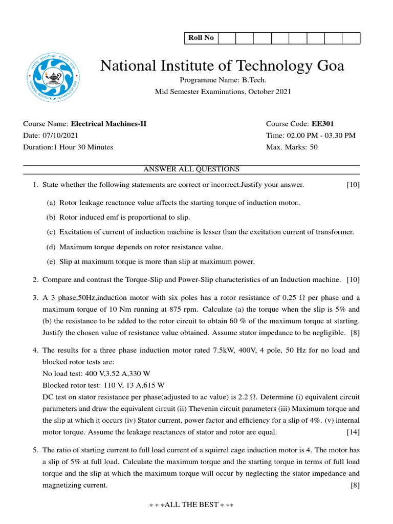NIT Goa B.Tech EE301 Exam Paper 2021 | PDF | Electric Motor ...