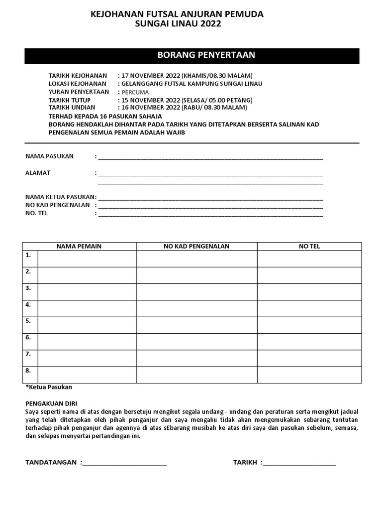 Borang Penyertaan Futsal | PDF