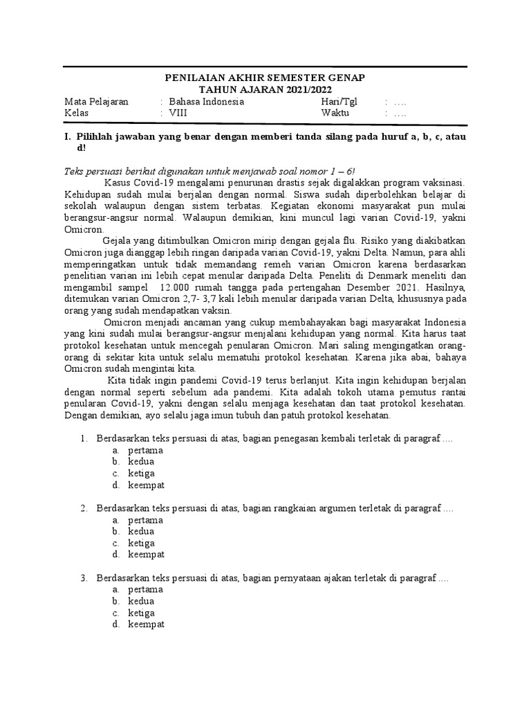 Soal Pas Kelas 8 Dan Kunci Jawabannya | PDF