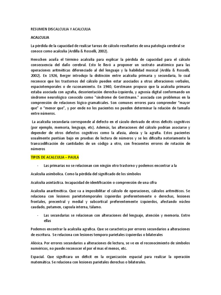 Resumen Discalculia y Acalculia | PDF | Aprendizaje | Afasia