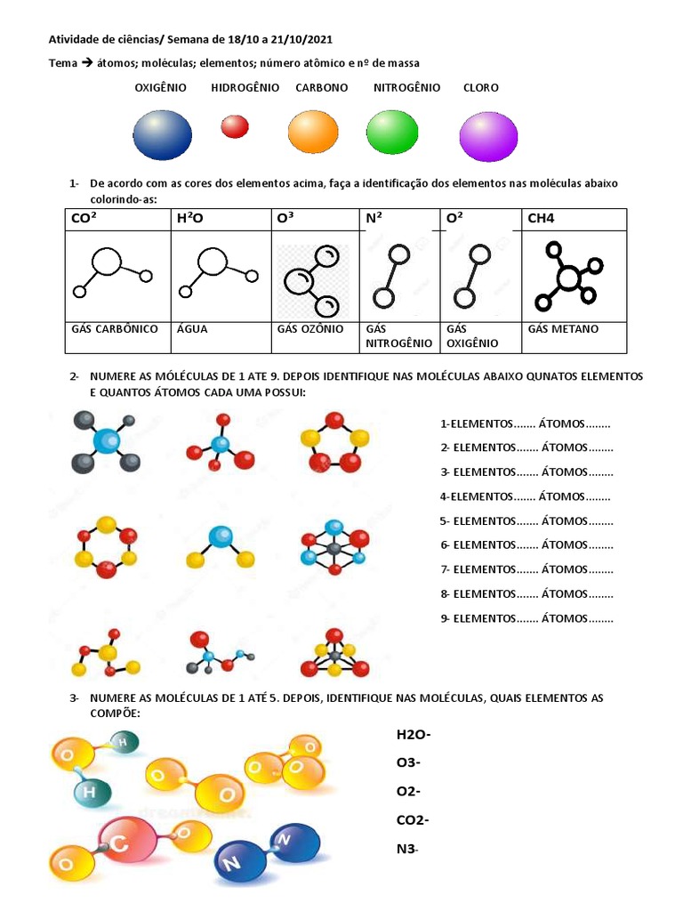 Atividade de Ciências. 9ºano. ÁTOMOS SIMBOLOS E MOLÉCULAS - Semana de 18 A 22.10.2021 | PDF