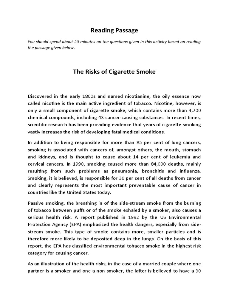 Reading - Passage - The Risks of Cigarette Smoke | PDF | Addiction ...