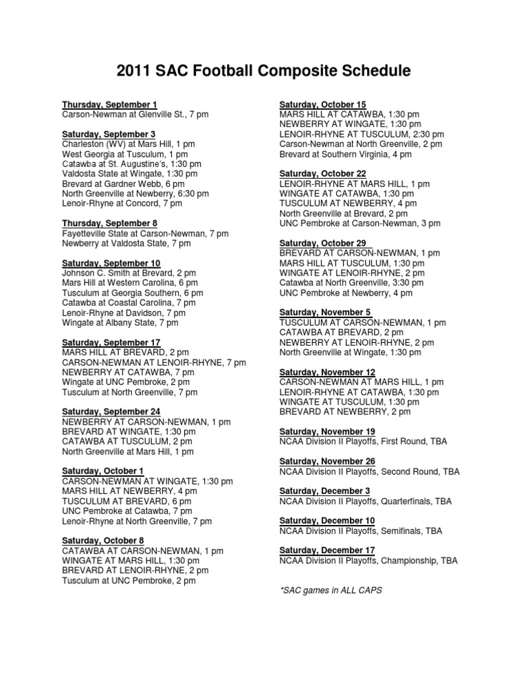 2011 SAC Football Schedule | PDF