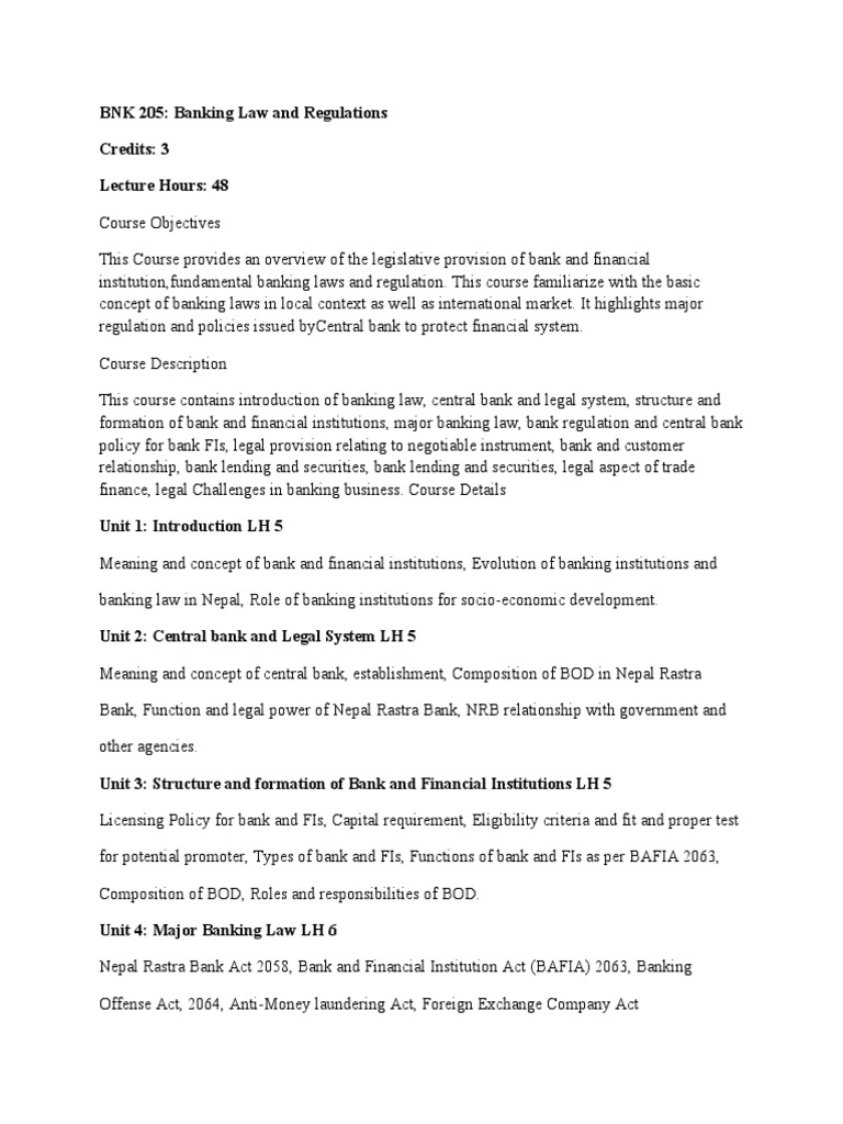 Banking Law and Regulation Syllabus | PDF | Banks | Bank Regulation