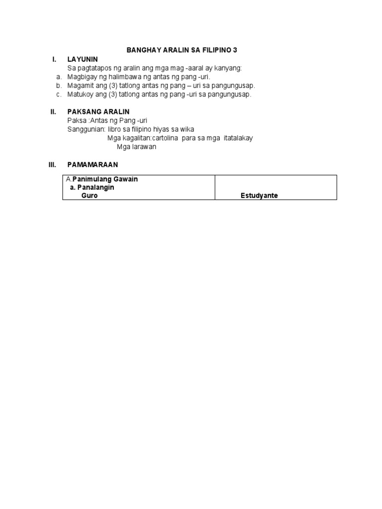 Banghay Aralin Sa Filipino 3 I | PDF
