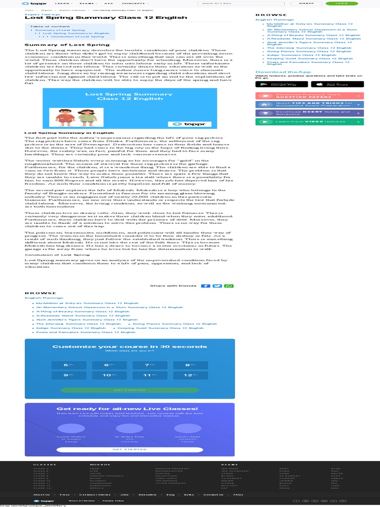 Lost Spring Summary Class 12 English - English Flamingo | PDF