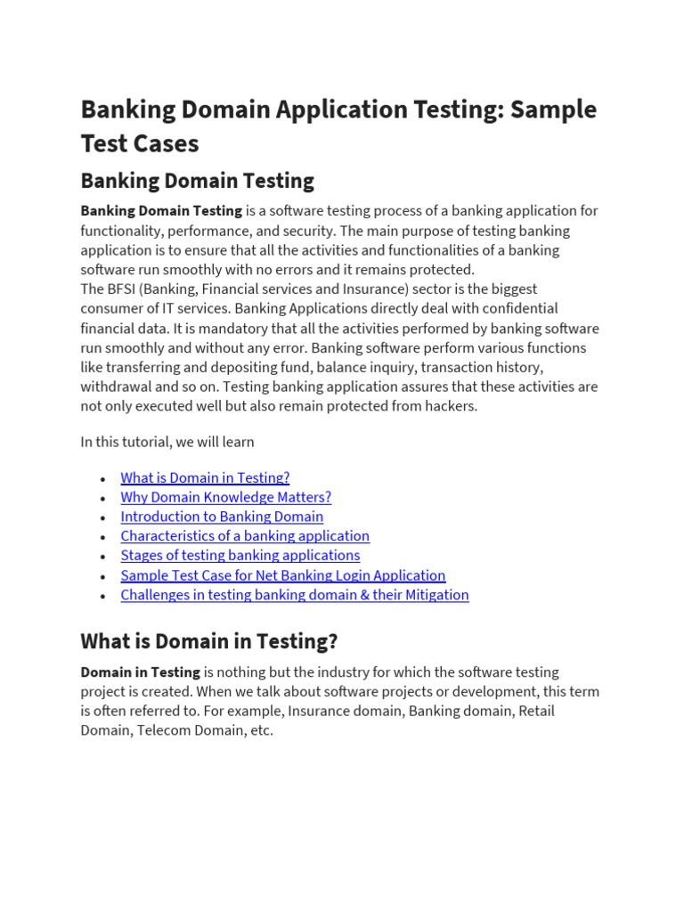 Banking Domain Application Testing Download Free Pdf Software