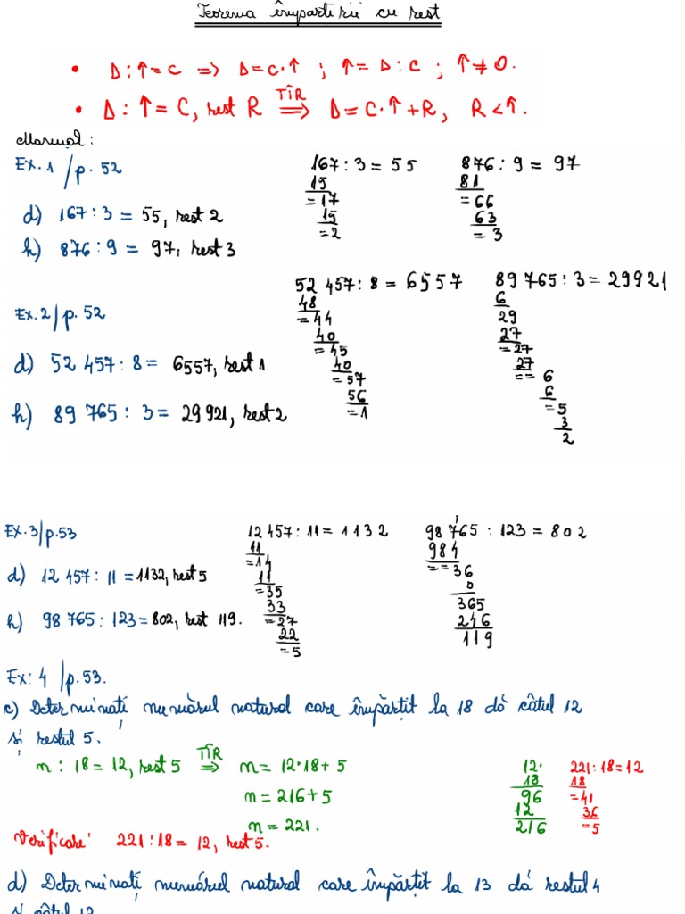 Teorema Împărțirii Cu Rest - Exerciții | PDF