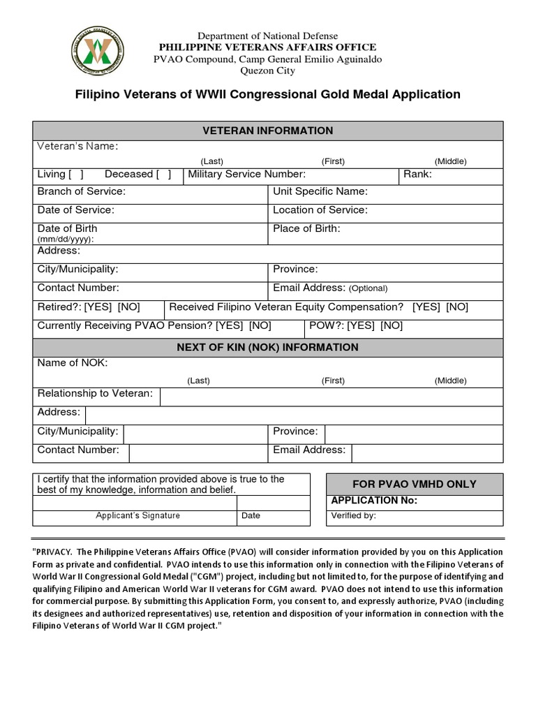 PVAO WWII Congressional Gold Medal Form | PDF | Philippines