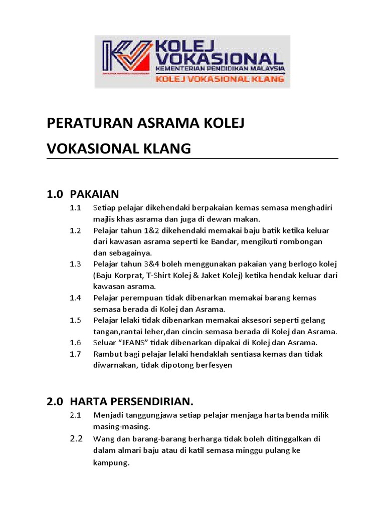 Peraturan Asrama Kolej | PDF