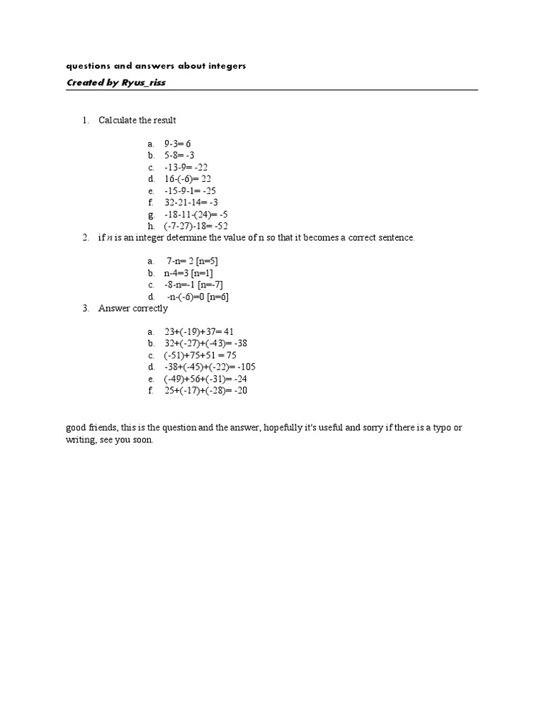 Answers To Integer Questions | PDF