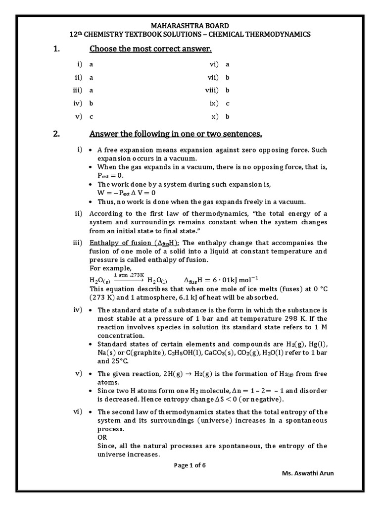 12th Chemistry Thermodynamics Solutions | PDF | Enthalpy | Gases