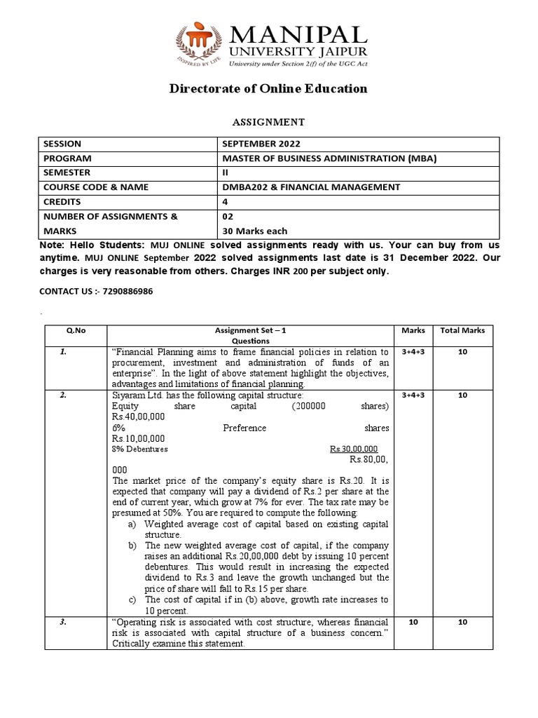 Assignment DMBA202 MBA 2 Set-1 and 2 Nov 2022 | PDF | Cost Of Capital ...