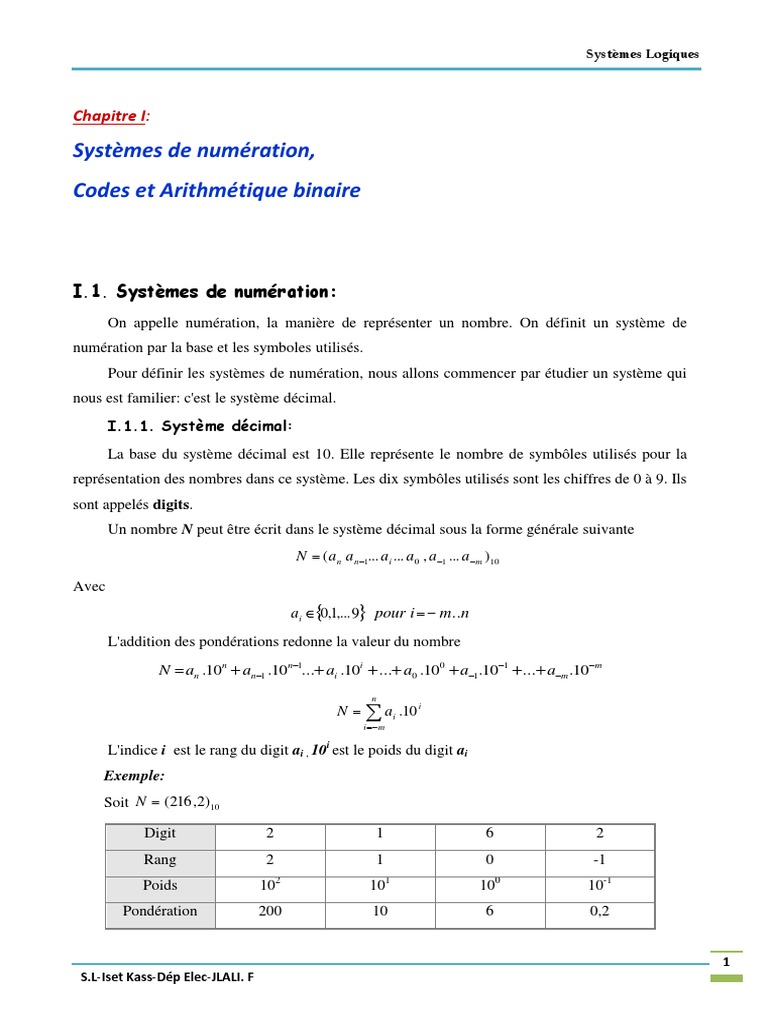 Chapitre 1 Systemes de Numeration Codes Et Arithmetique Binaire | PDF | Décimal codé binaire ...