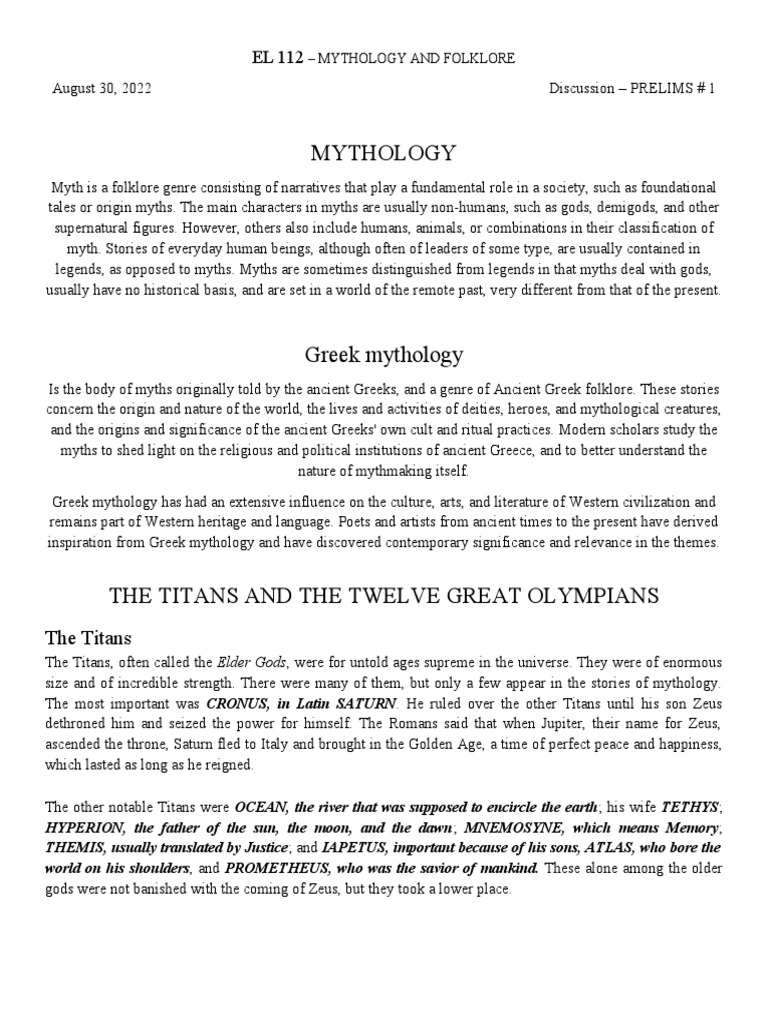 Greek Myths: Titans and Olympians | PDF | History