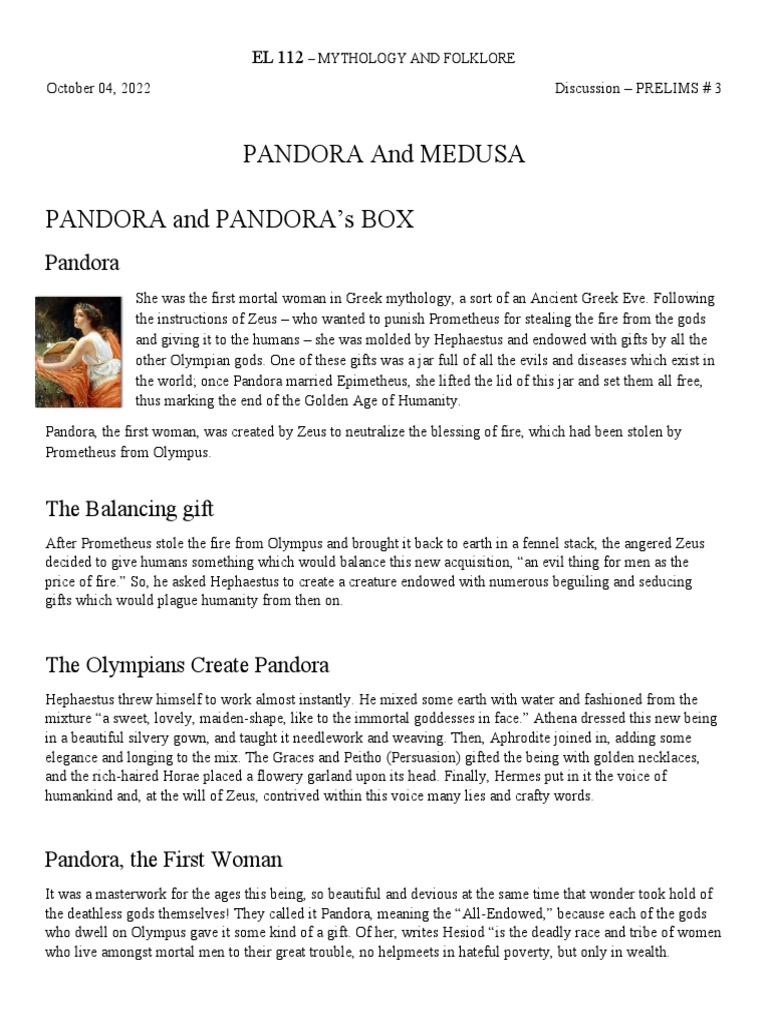3 EL 112 - Pandora and Medusa | PDF | Medusa | Mythological Characters