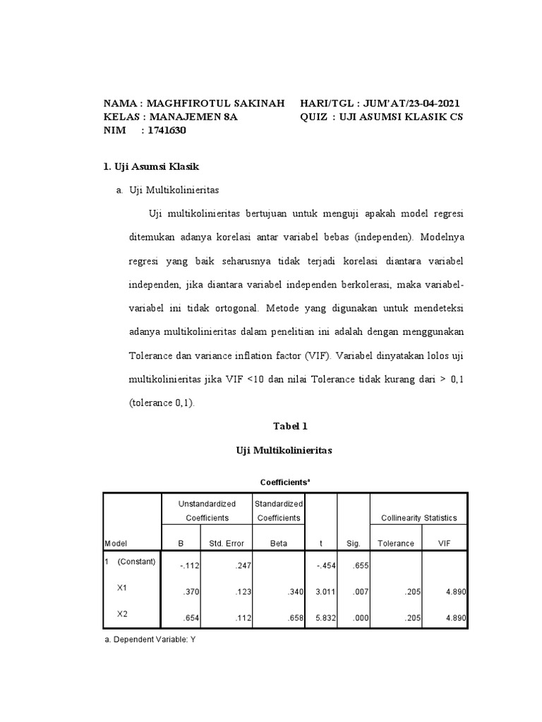 Quiz Pak Anis Uji Asumsi | PDF