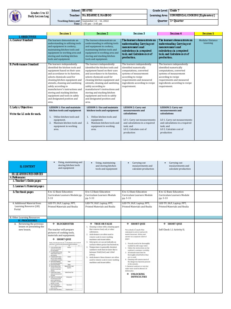 Cookery - Quarter 1 Week 2 | PDF | Learning | Curriculum