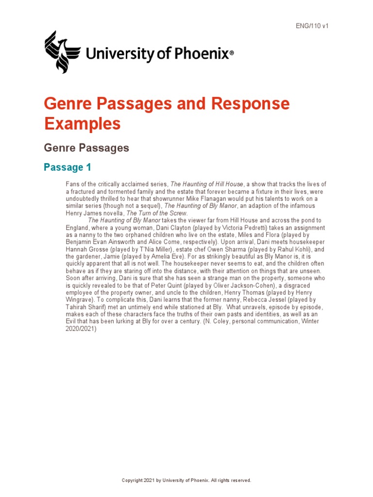 ENG110 v1 wk2 Genre Passages and Response Examples | PDF | Teachers