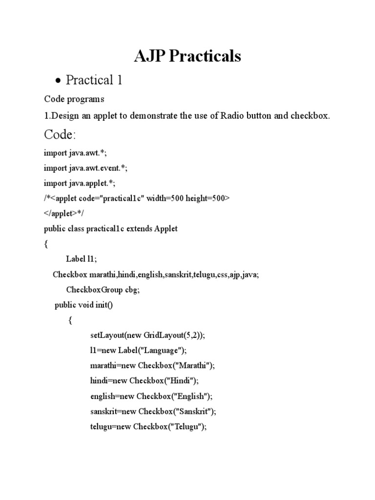 AJP Practicals: Practical 1 | PDF | Java (Programming Language ... AJP Practicals: Practical 1 | PDF | Java (Programming Language ...