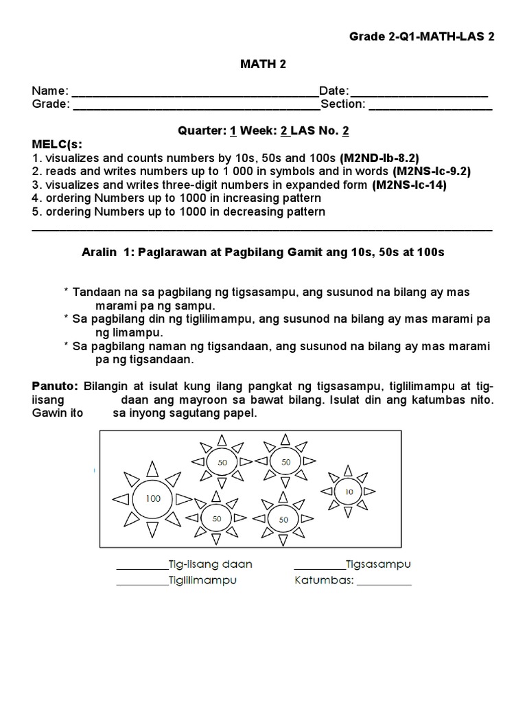 Grade 2-Q1-MATH-LAS Week 2 | PDF