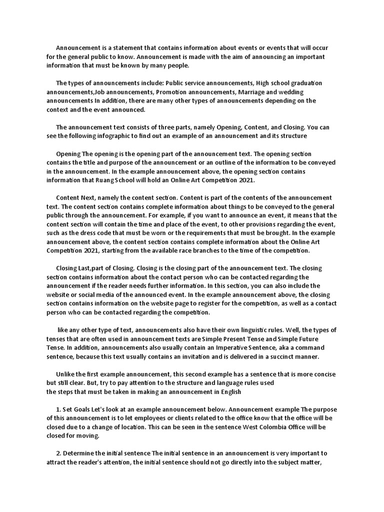 Announcement Structure and Examples | PDF | Sentence (Linguistics ...