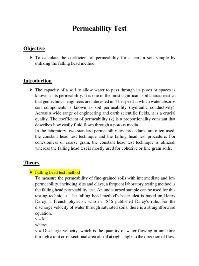 Falling Head Permeability Test | PDF