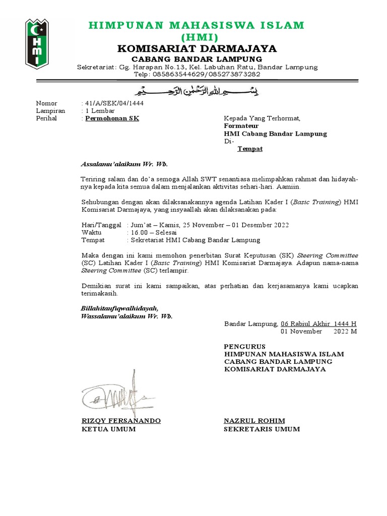 Permohonan SK Latihan Kader HMI | PDF