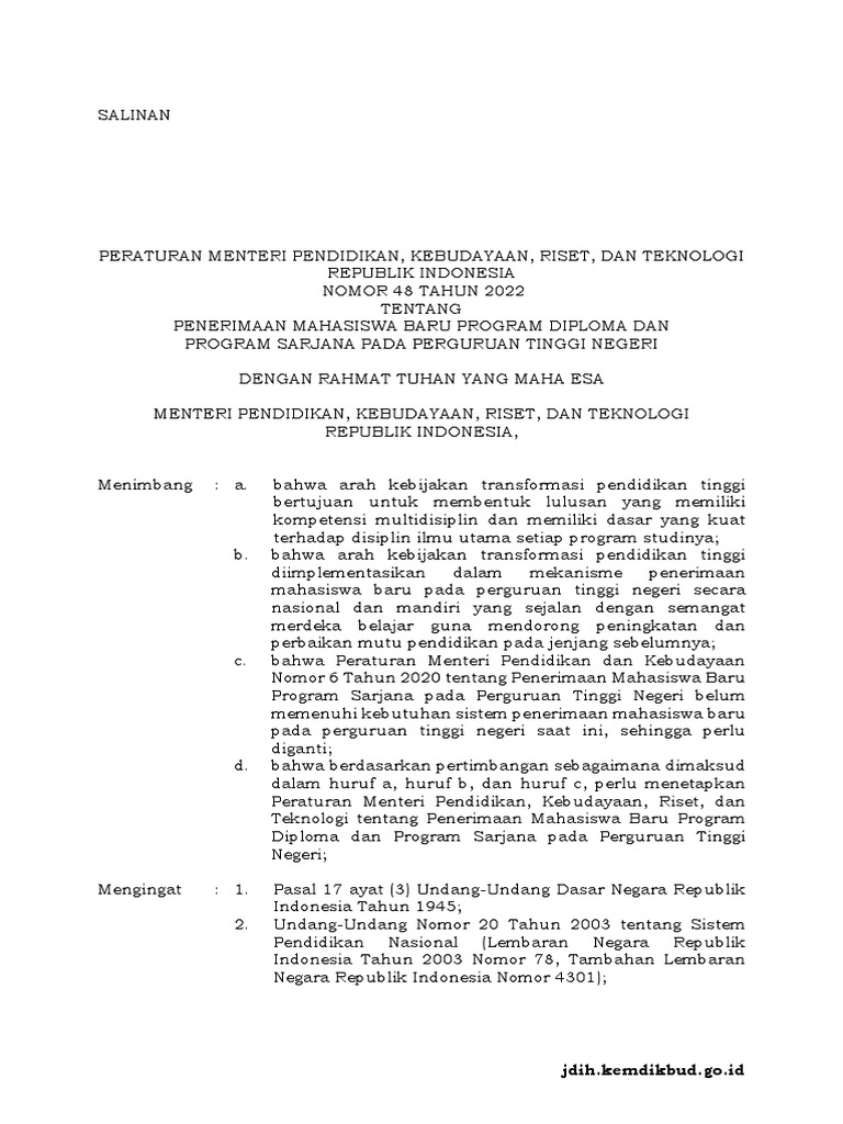 Permen 48 Tahun 2022 Tentang Penerimaan Mahasiswa PTN | PDF
