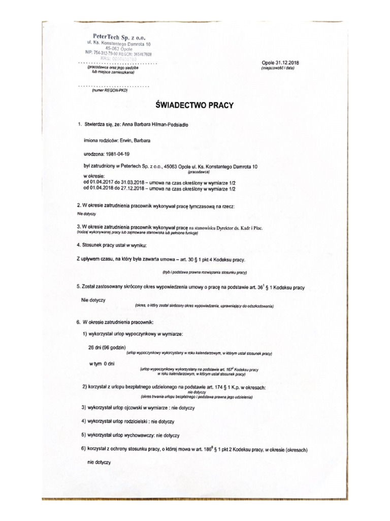 Swiadectwo Pracy 2 001 | PDF