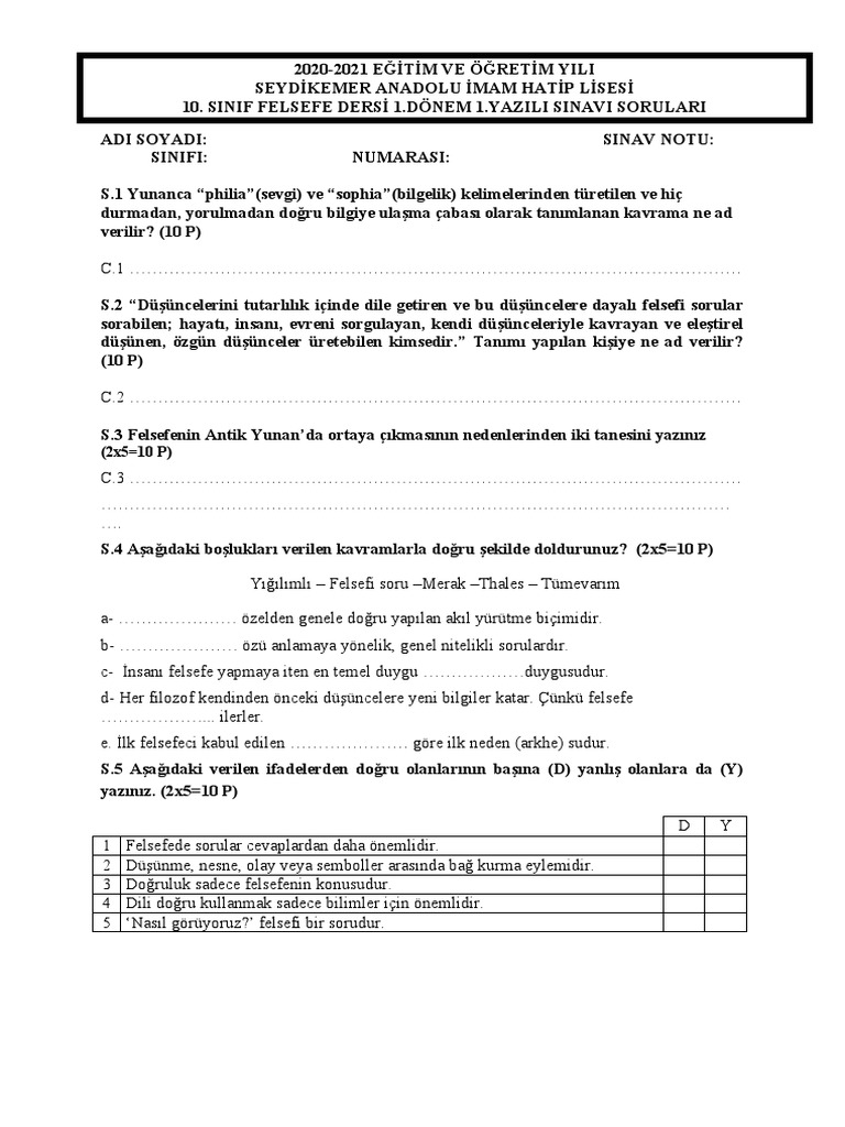 2020 2021 10. Sinif Felsefe Dersi 1. Donem 1. Yazili Sinav Sorusu | PDF