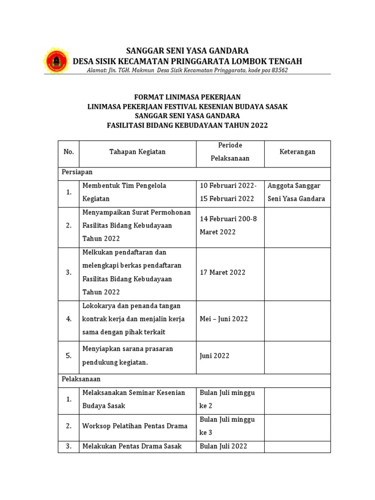 Linimasa Kegiatan Festival Kesenian 2022 | PDF