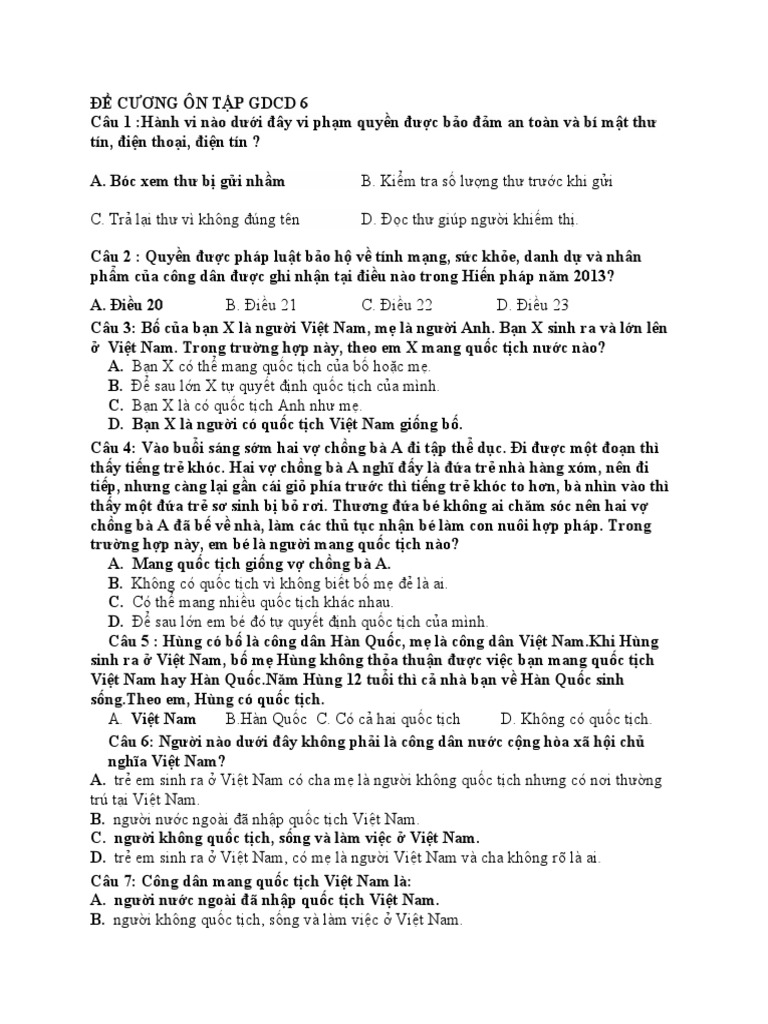 Đề Cương Ôn Tập Gdcd 6 | PDF