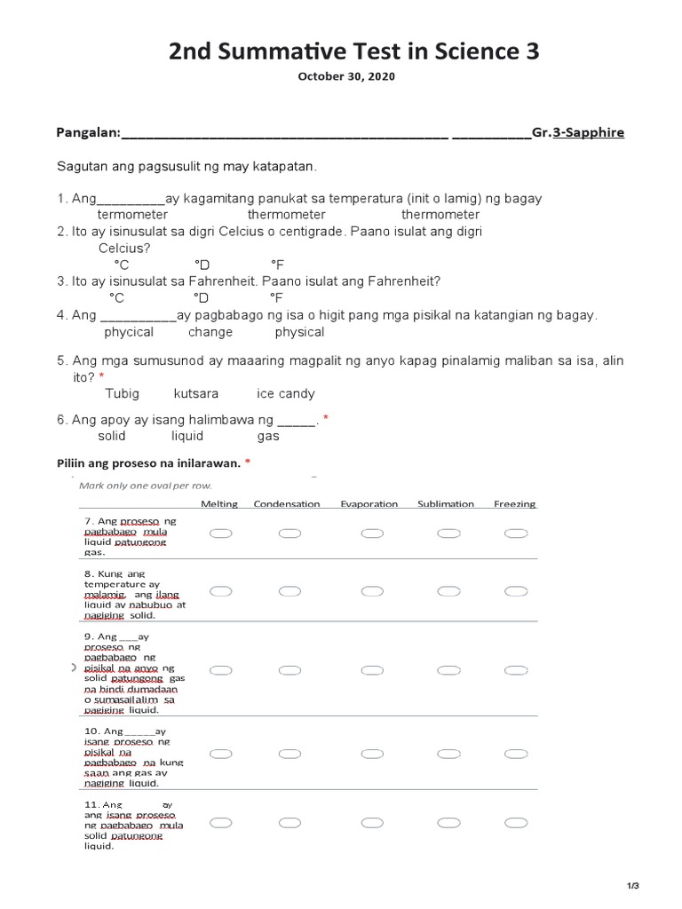 2nd Summative Test in Science-Q1 - Google Forms | PDF