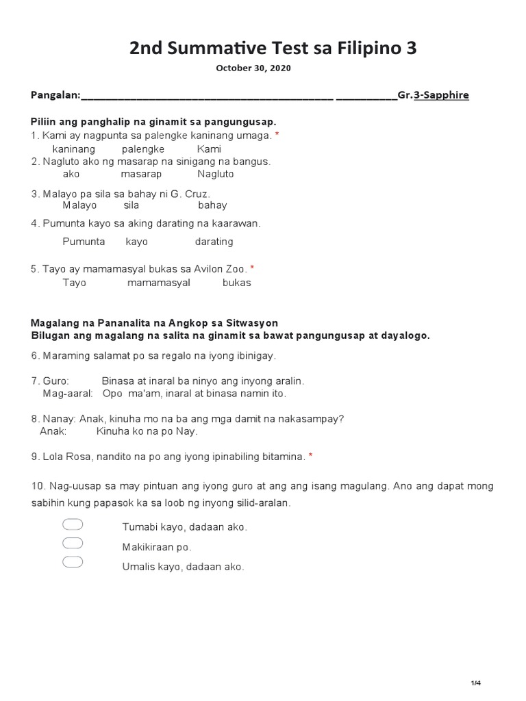 2nd Summative Test Sa Filipino-Q1 | PDF