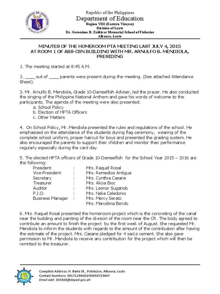 Sample Minutes PTA Meeting | PDF